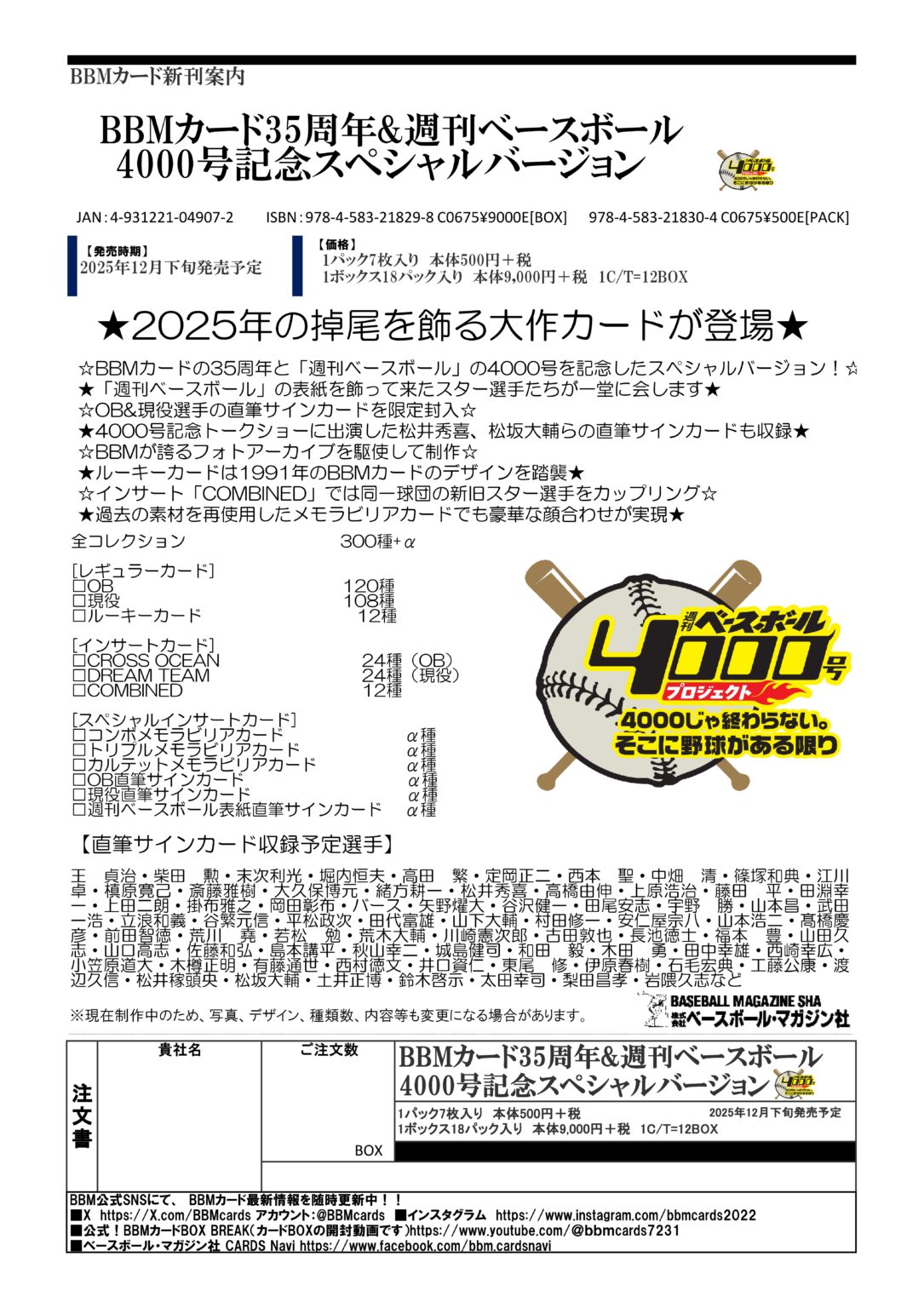 【製品情報】BBMカード35周年＆週刊ベースボール4000号記念スペシャルバージョン